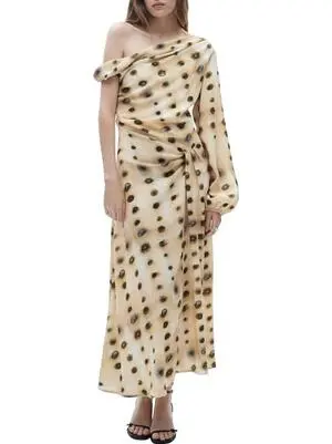 Mango Polka Dot Single Sleeve Asymmetric Dress - Beige