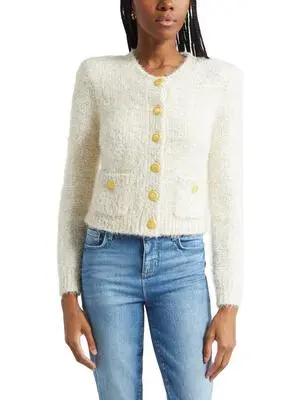 L'Agence Una Crop Eyelash Tweed Cardigan - Ivory/gold Lurex Multi