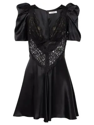 RODARTE Lace-trimmed Silk Charmeuse Minidress - Black