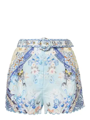 Camilla Belted Floral Linen Shorts - Blue