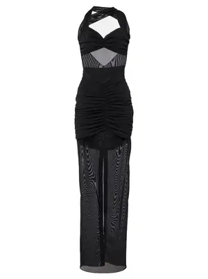 Alessandra Rich Ruched Sheer Mesh Maxi Dress - Black