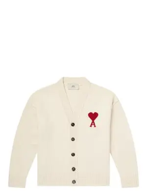 AMI Paris Logo-intarsia Merino Wool Cardigan - Neutrals