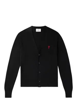 Ami Slim-fit Logo-embroidered Merino Wool Cardigan - Black