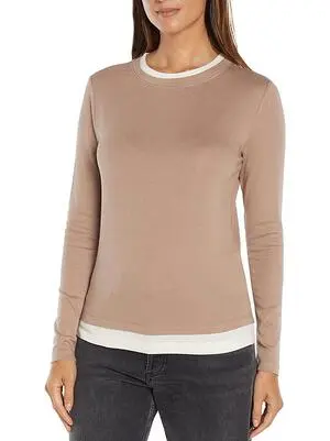 Three Dots Veronica Layered Long Sleeve Tee Taupe Gray
