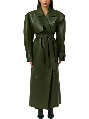 Naked Wardrobe Faux Leather Trench Coat - Dark Olive