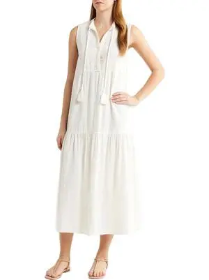ELAN Elan Tiered Cotton & Linen Maxi Dress With Tassel Ties