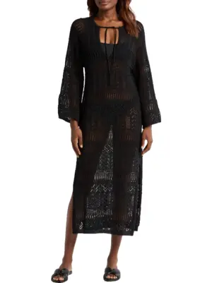 Elan Lace Knit Long Sleeve Cover-up Midi Dress - Black