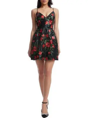Dress The Population Elva Sequin Floral Print Minidress - Rouge Multi