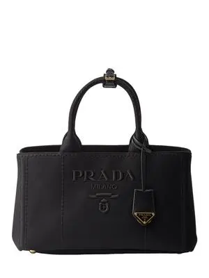 Prada Large Cotton Canvas Handbag With Embroidered Logo - Black