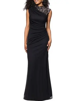 Betsy & Adam Lace Trim Asymmetric Ruched Gown - Black/nude