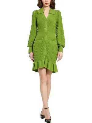 Mac Duggal Mac Duggal Long Sleeve Bobble Knit Button-Up Dress Pear