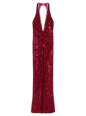 NISSA Sequined Halterneck Maxi Dress - Red