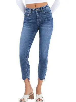 HINT OF BLU Chewed Hem Mid Rise Ankle Skinny Jeans - Shooting Star Blue