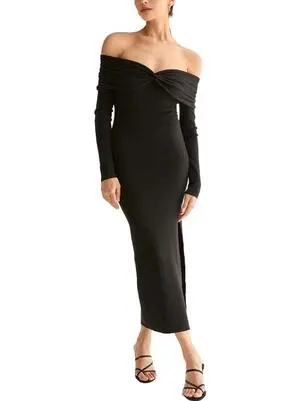 CRESCENT Off-shoulder Sweater Midi Dress - Black