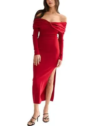 CRESCENT Off-shoulder Sweater Midi Dress - Ruby