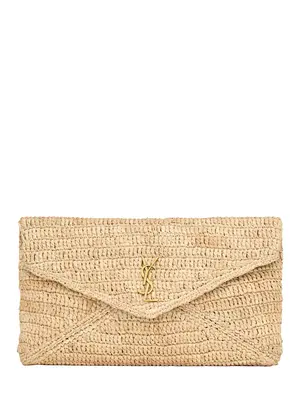 Saint Laurent Raffia Cassandre Envelope Pouch - Brown