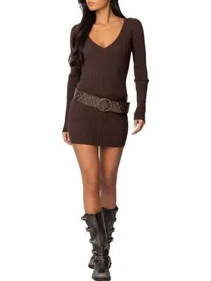 EDIKTED Ribbed Long Sleeve Mini Sweater Dress - Brown