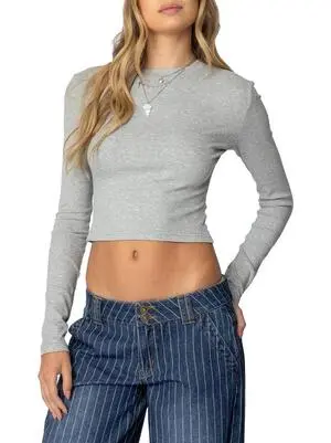 EDIKTED Mikayla Ribbed Long Sleeve Crop Top - Gray-melange