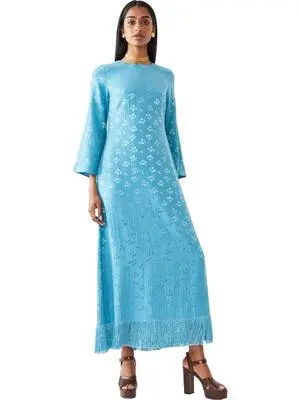 EDDY Ariana Fringe Hem Maxi Dress Frozen Blue Bouquet