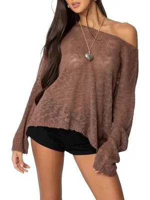 EDIKTED Bri Open Stitch Boat Neck Sweater - Brown