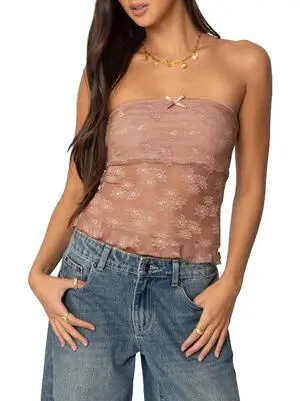 EDIKTED Ballet Floral Lace Crop Tube Top - Brown