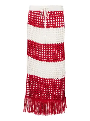 Farm Rio Striped Crochet Cotton Maxi Skirt - Red