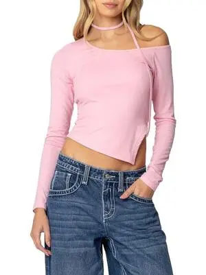 EDIKTED Long Sleeve Asymmetric Crop Top With Choker - Light-pink