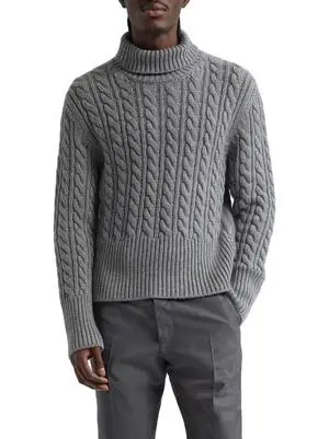 Thom Browne Classic Cable Knit Cashmere Turtleneck Sweater - Light Grey