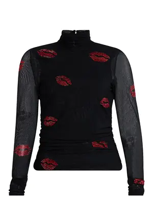 Cinq À Sept Kissing Booth Mesh Turtleneck Top - Blackred
