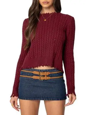 EDIKTED Split Back Cable Stitch Crewneck Sweater - Burgundy