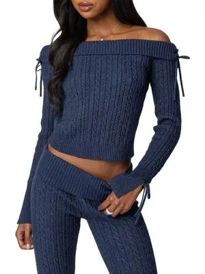 EDIKTED Chase Foldover Off-the-shoulder Trim Sweater - Navy