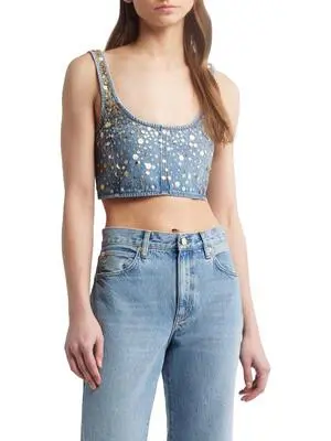 FRAME Sequin Embellished Denim Crop Top - Gold Embellished