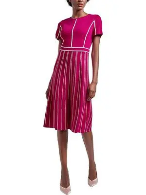 Misook Contrast Piping A-line Dress - Pink Flash/white