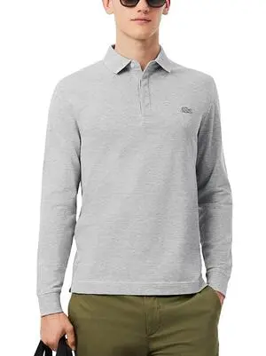 Lacoste Long Sleeve Ribbed Collar Polo Shirt - Silver Grey Chine