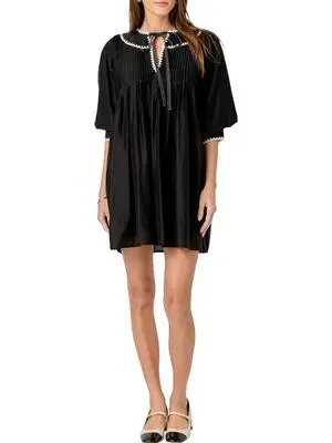 English Factory Embroidered Tie Neck Minidress - Black/ White
