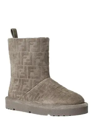 Fendi Ff Logo Shearling-lined Bootie - Steel/latte