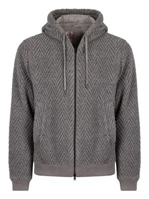 Herno Herringbone Pattern Zip-up Jacket With Drawstring Hood - Grey
