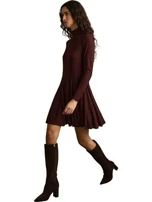 REISS Savannah Ribbed Flared Mini Dress - Burgundy
