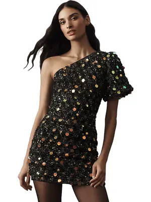 Endless Rose One-shoulder Sequin Mini Dress - Black