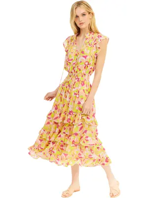 Allison Allison Misha Tropical Flowers Print Midi Dress Natural