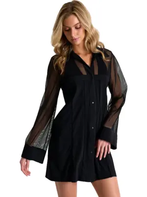 Shan Grid Mesh Beach Shirt-dress - Black