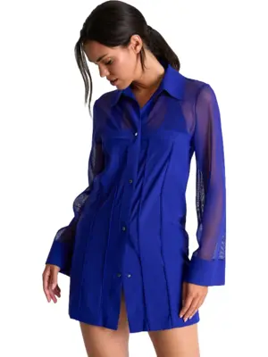Shan SHAN Grid Mesh Beach Shirt-Dress Blue