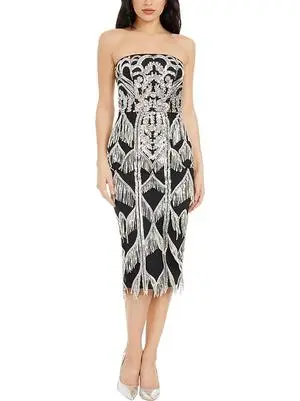 Dress The Population Dress The Population Viviana Fringe Trim Dress Silver-bla