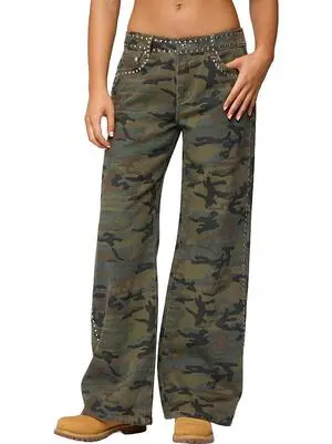 EDIKTED Quincy Studded Baggy Jeans - Olive-washed