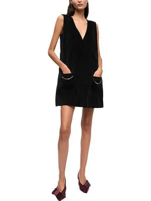 GANNI Stretch Corduroy Mini Dress With Chain Detail Pockets - Black