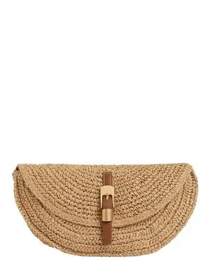 REISS Aria Raffia Half-moon Clutch - Natural