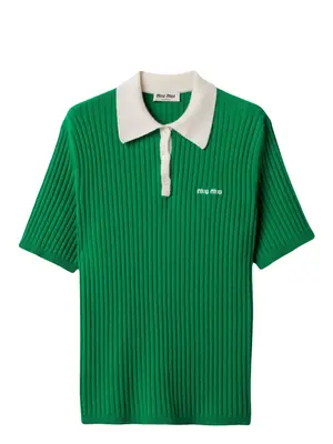 Miu Miu Ribbed Cashmere Polo Top - Green
