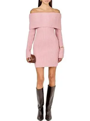 Endless Rose Off-the-shoulder Cable Stitch Sweater Dress With Tie - Ballet Pink