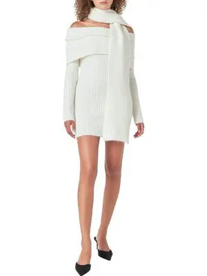 Endless Rose Off-the-shoulder Cable Stitch Sweater Dress With Tie - Ivory