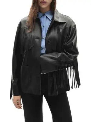MANGO MANGO Fringe Trim Faux Leather Jacket